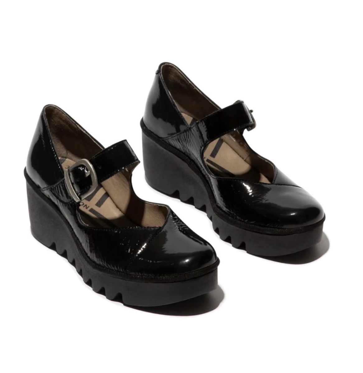Fly London Baxe428fly Black Patent Leather Luxo Atla Wedges Made In Po ...