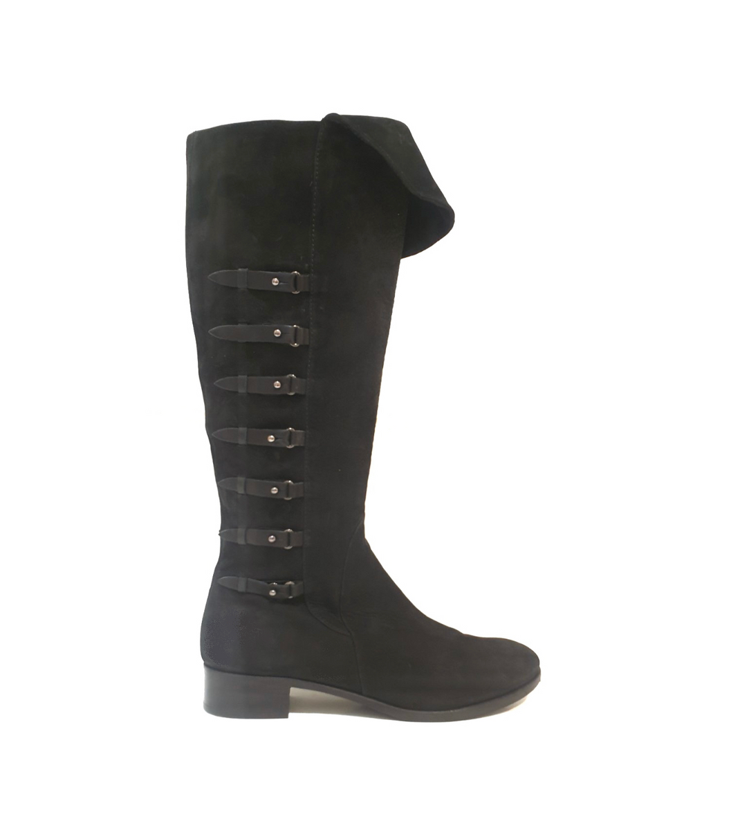 Progetto Q036 Black Suede Leather Nero Buckles Straps Zip Knee High Bo ...