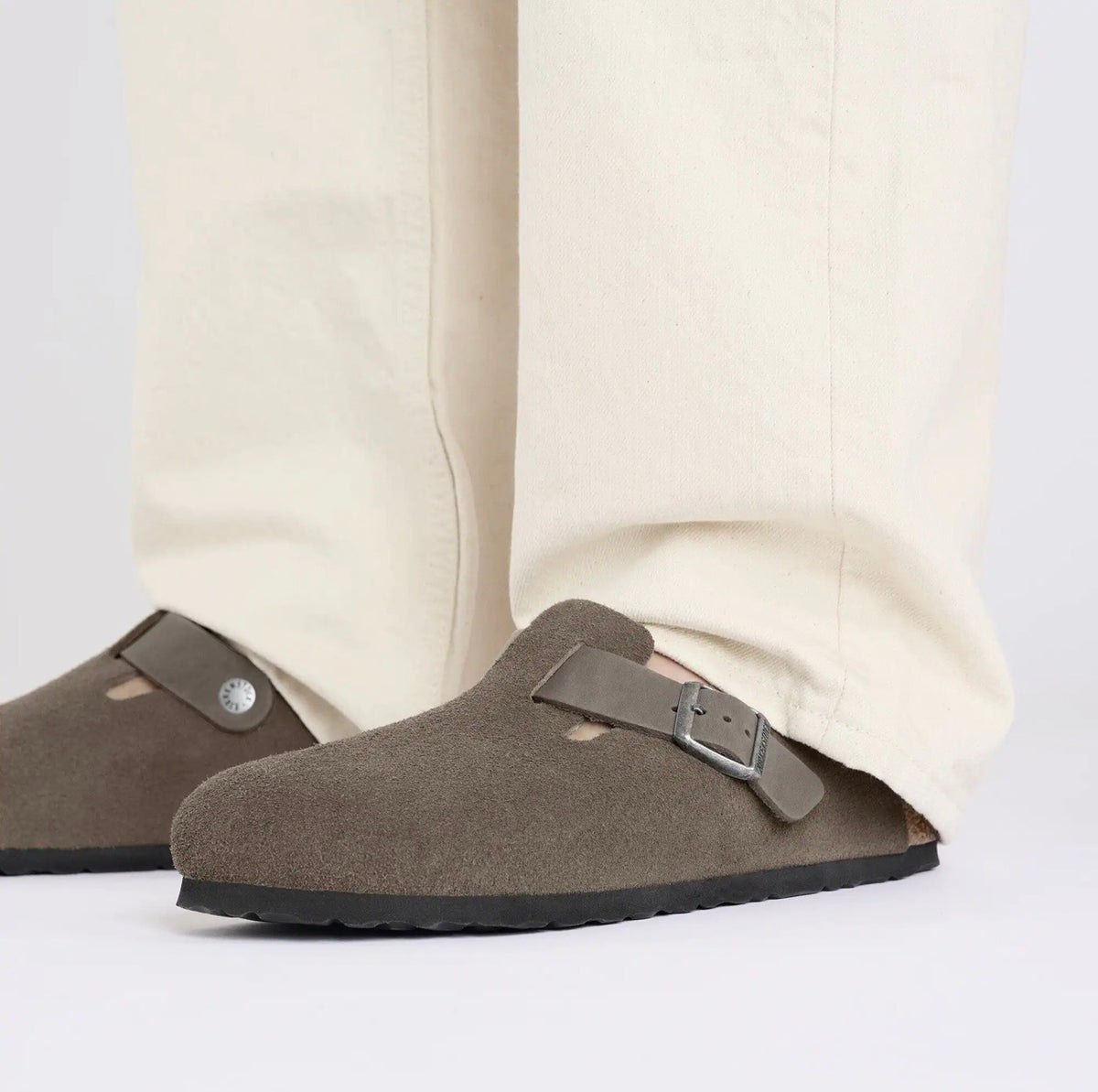 Birkenstock Boston Concrete Gray Suede And Oiled Leather Strap Clog Ma ...
