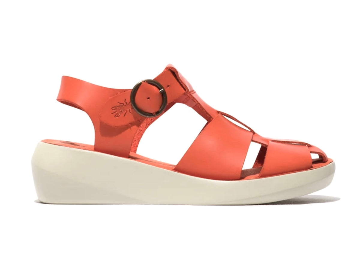 Fly London Bawe842Fly Coral Red Brooklyn Leather Strappy Wedge Made In ...