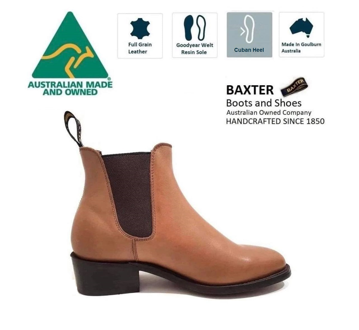 Baxter Dancer Tan Resin Sole Cuban Heel Chelsea Dress Boot Made In Aus ...