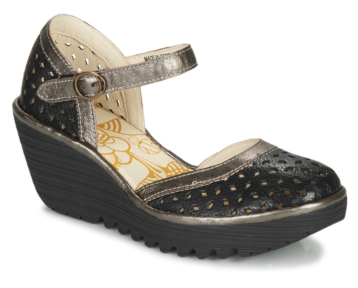 Fly London YVEN029FLY Black/Bronze Mous/Idra Women's Wedges Sandals Ma ...