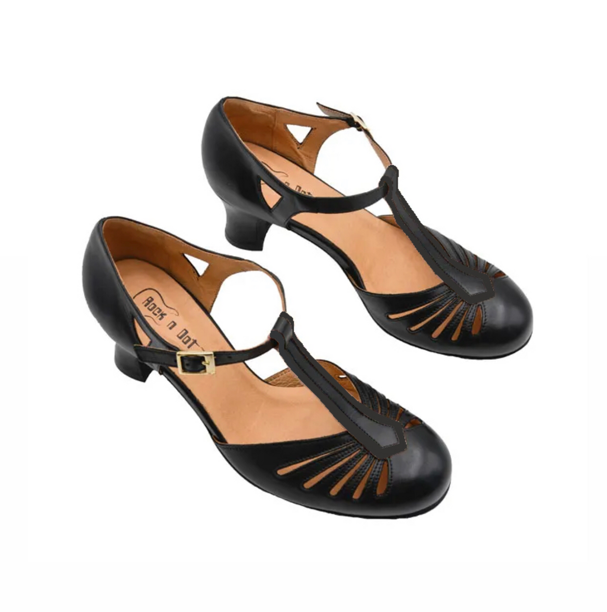 Rock n’ Dot 8540 Linda All Black Leather T-Bar Court Shoe Made In Port ...